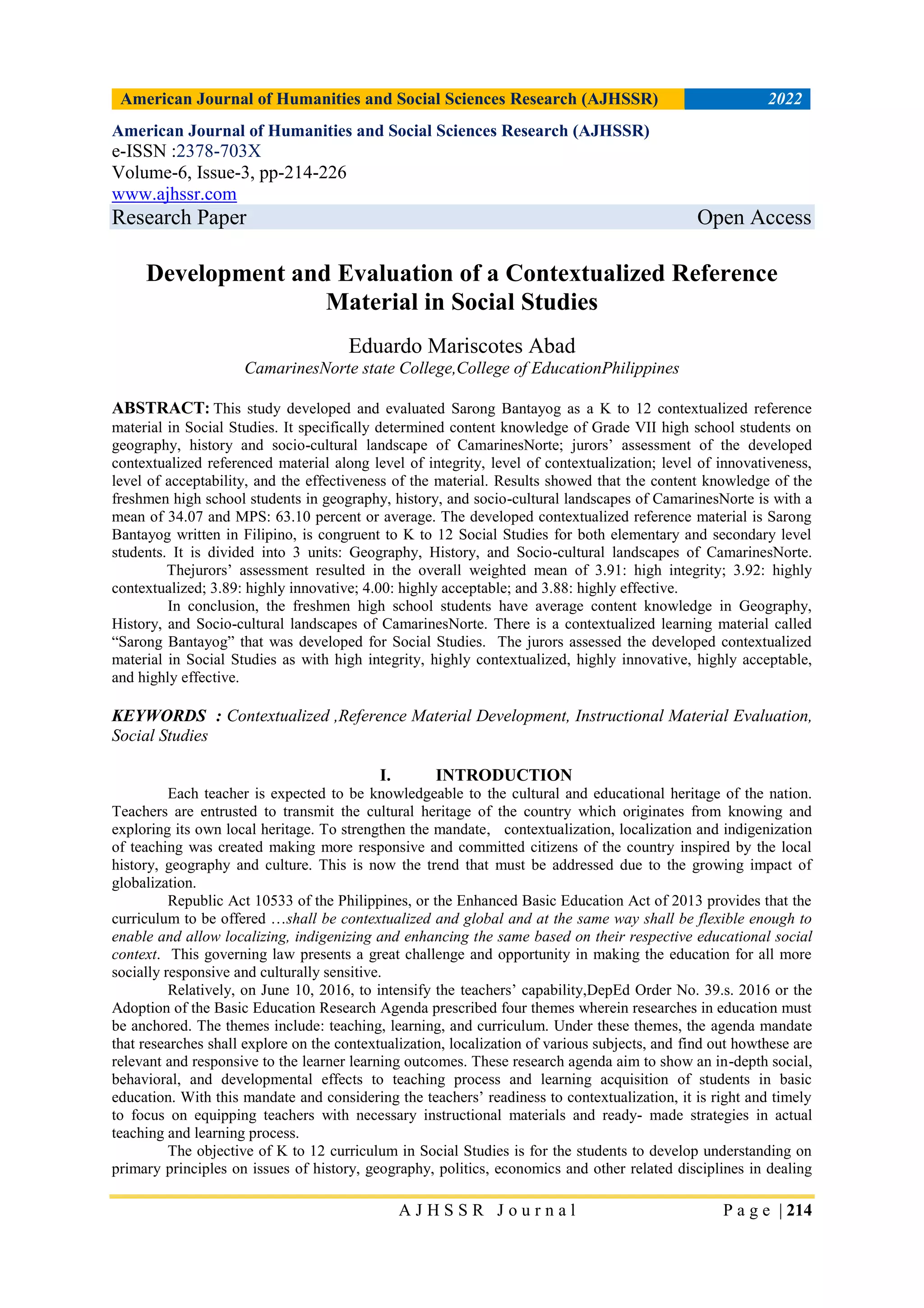 Development and Evaluation of a Contextualized Reference Material in Social Studies | PDF