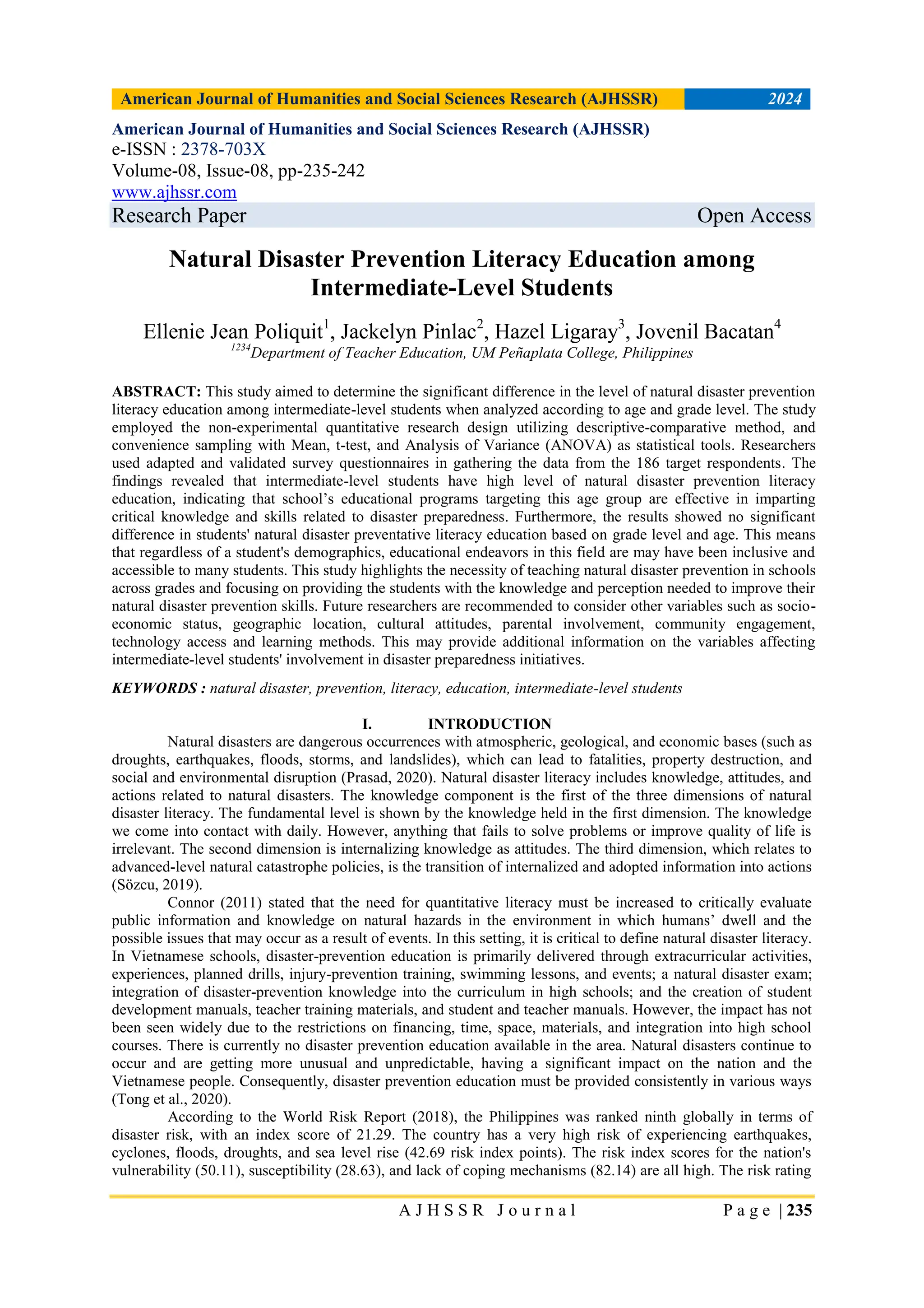 Natural Disaster Prevention Literacy Education among Intermediate-Level ...