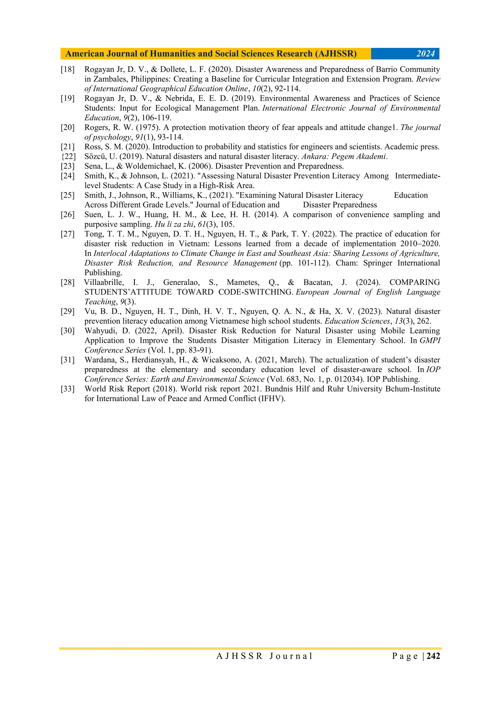 Natural Disaster Prevention Literacy Education among Intermediate-Level ...