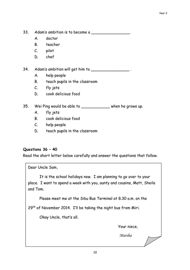 Year 2 English Language Paper 1 Test Paper | DOCX