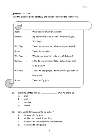 Year 2 English Language Paper 1 Test Paper | DOCX