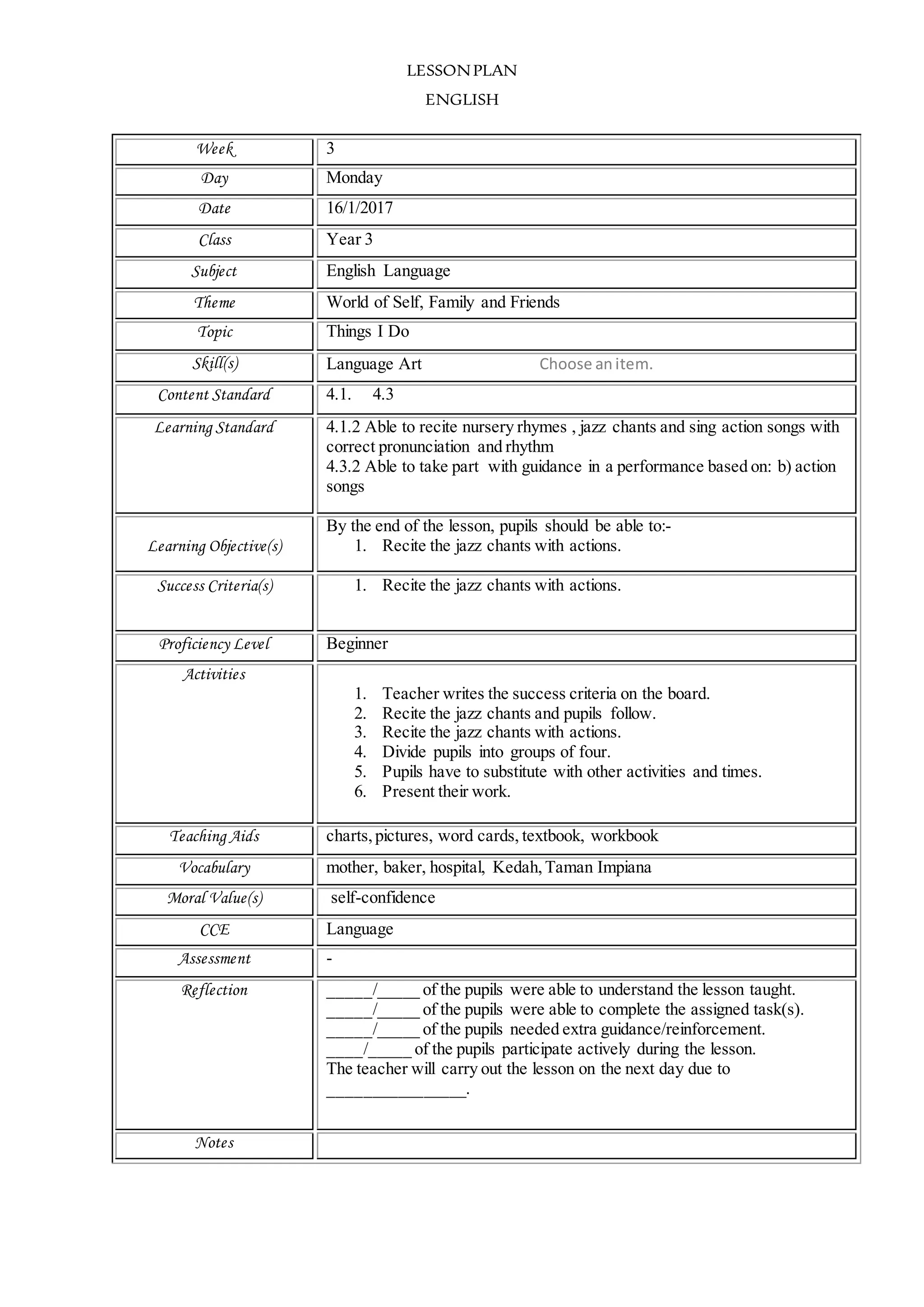 lesson plan english Year 3 | DOCX