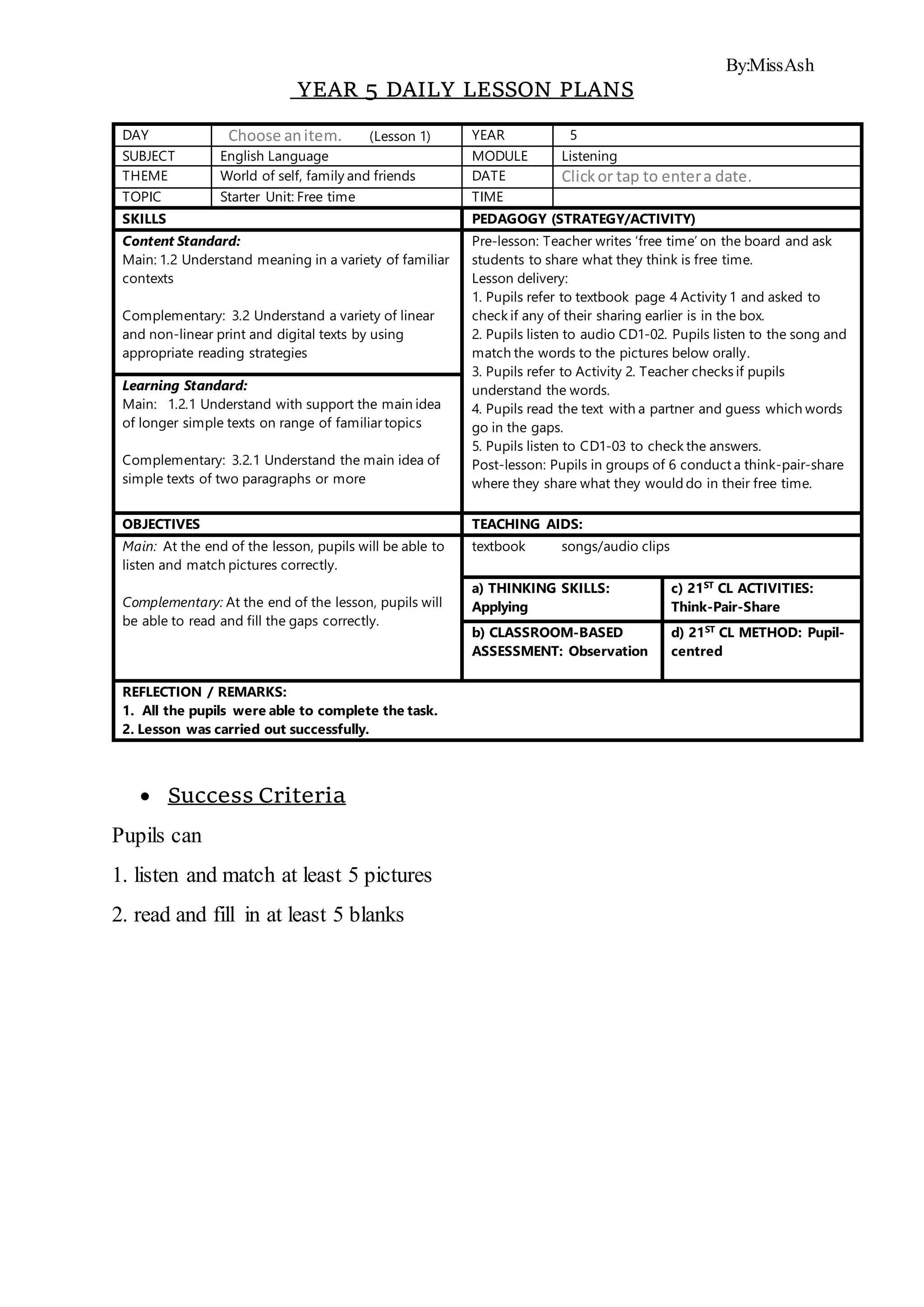 Y5 English Lesson Plan | DOCX