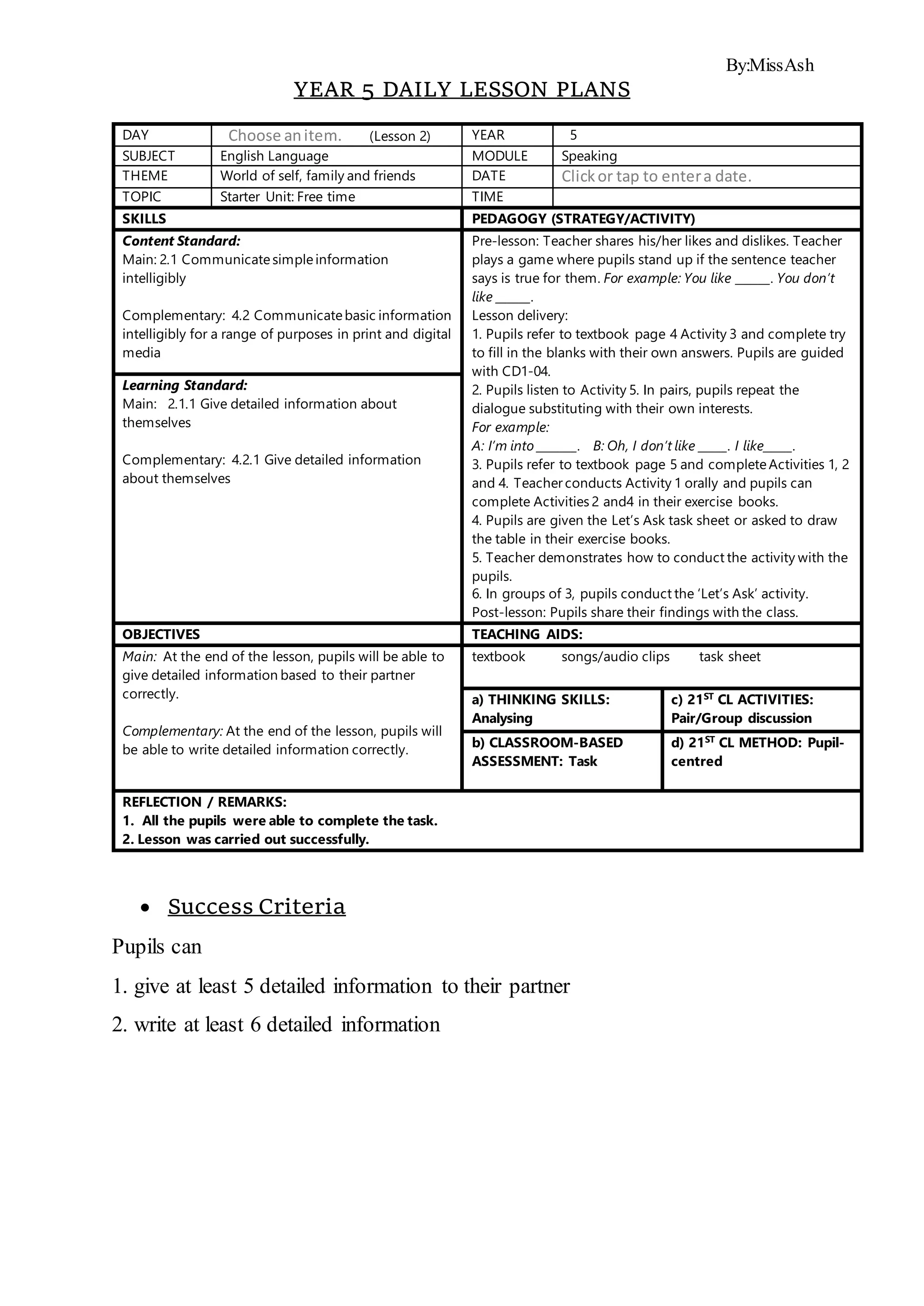 Y5 English Lesson Plan | DOCX