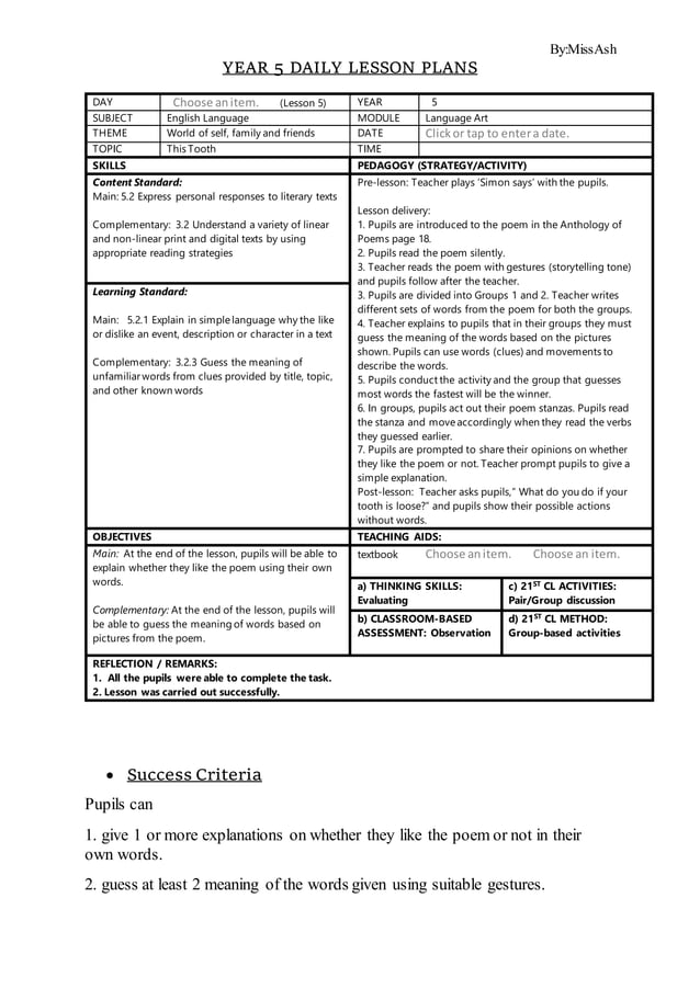 Y5 English Lesson Plan | DOCX