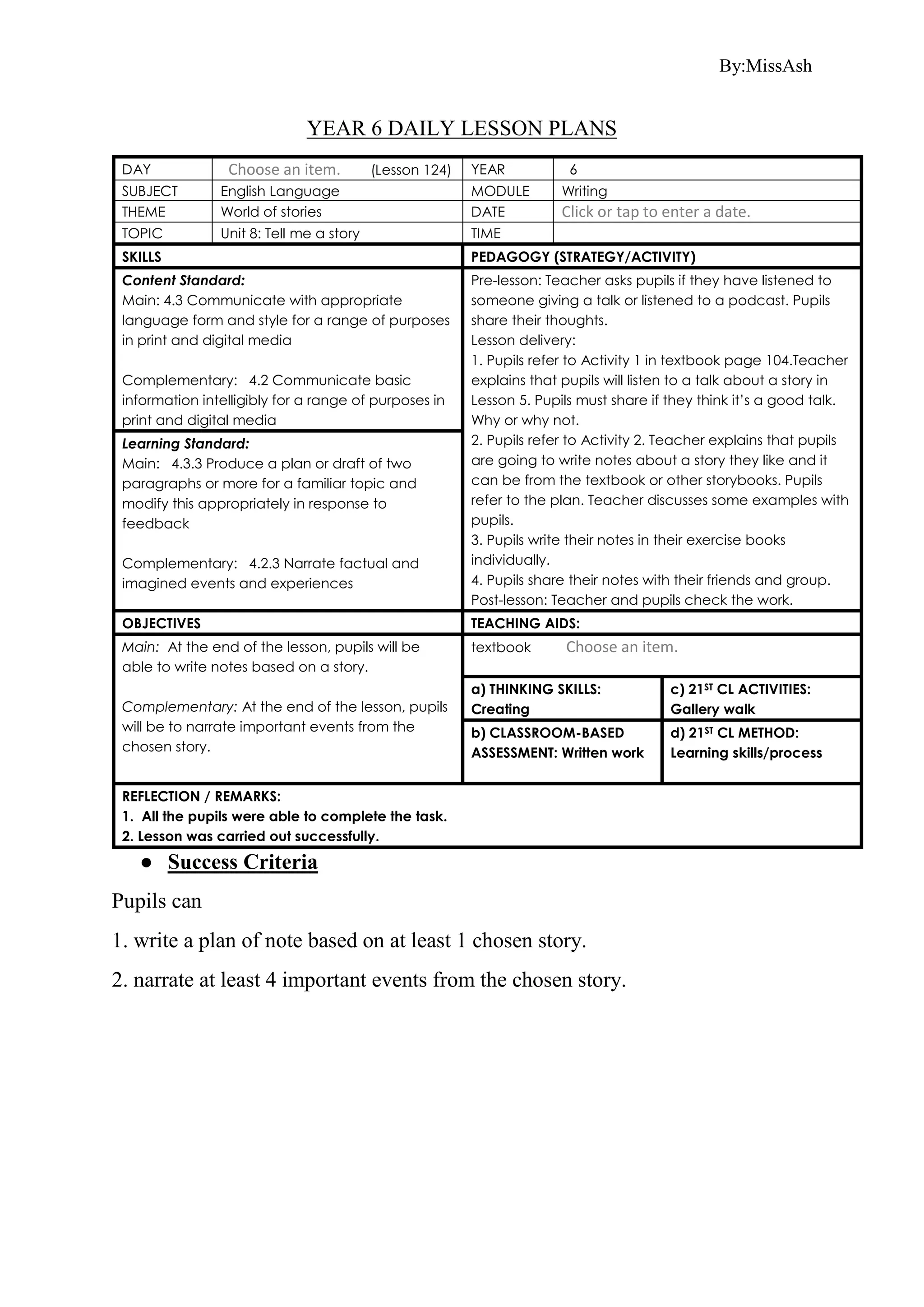 LESSON PLAN FOR YEAR 6 PUPILS PRIMARY SCHOOL | DOCX