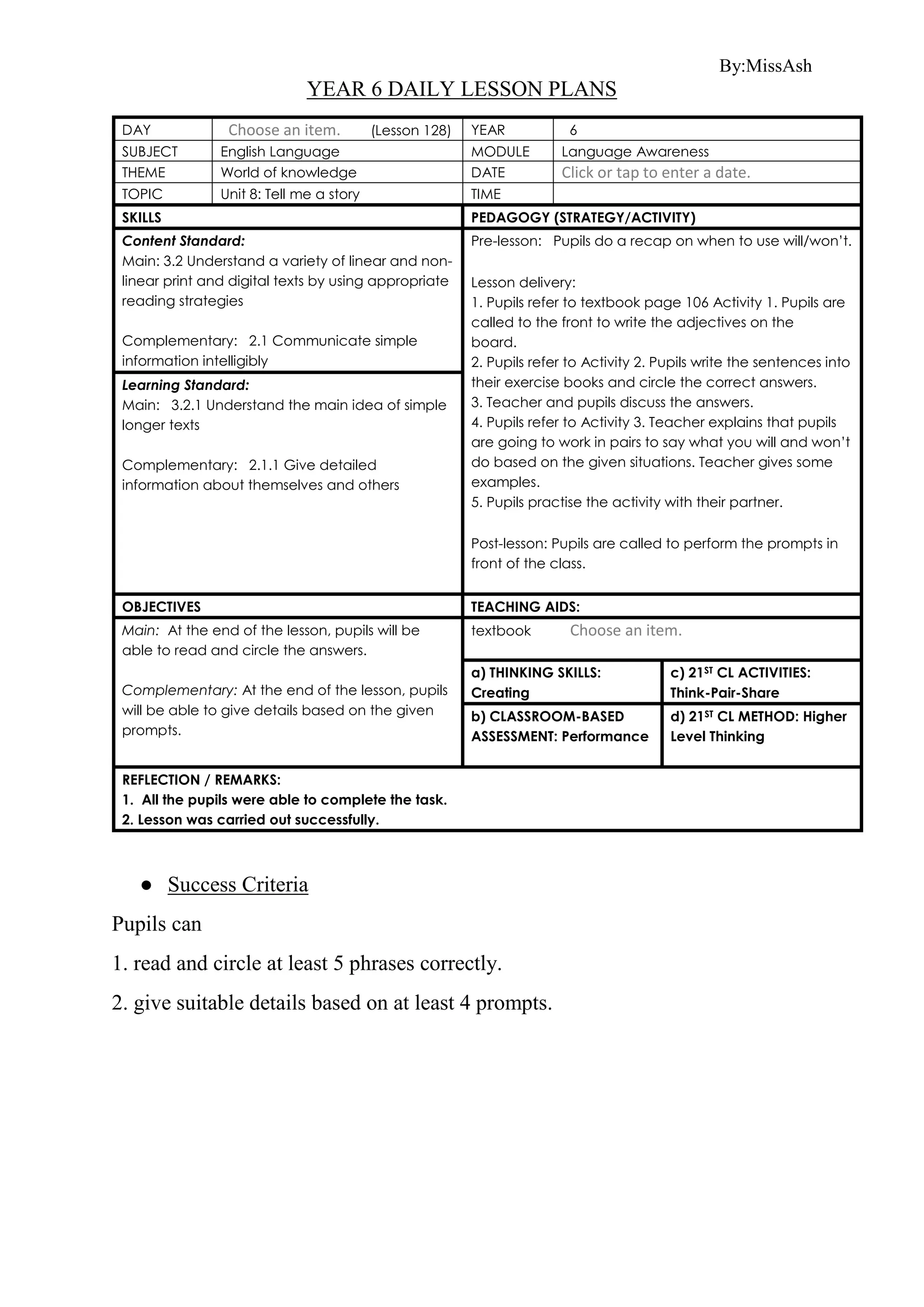 LESSON PLAN FOR YEAR 6 PUPILS PRIMARY SCHOOL | DOCX