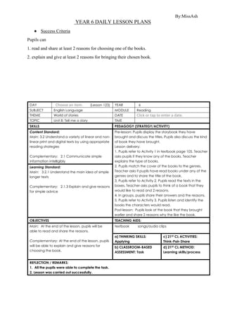 LESSON PLAN FOR YEAR 6 PUPILS PRIMARY SCHOOL | DOCX