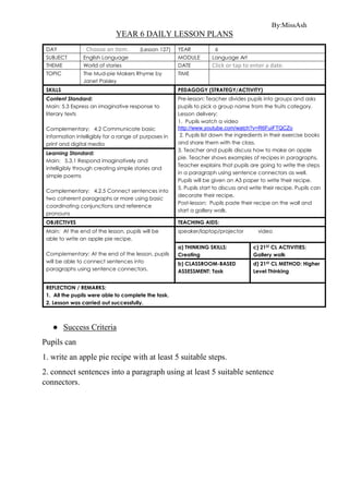 LESSON PLAN FOR YEAR 6 PUPILS PRIMARY SCHOOL | DOCX