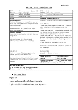 LESSON PLAN FOR YEAR 6 PUPILS PRIMARY SCHOOL | DOCX