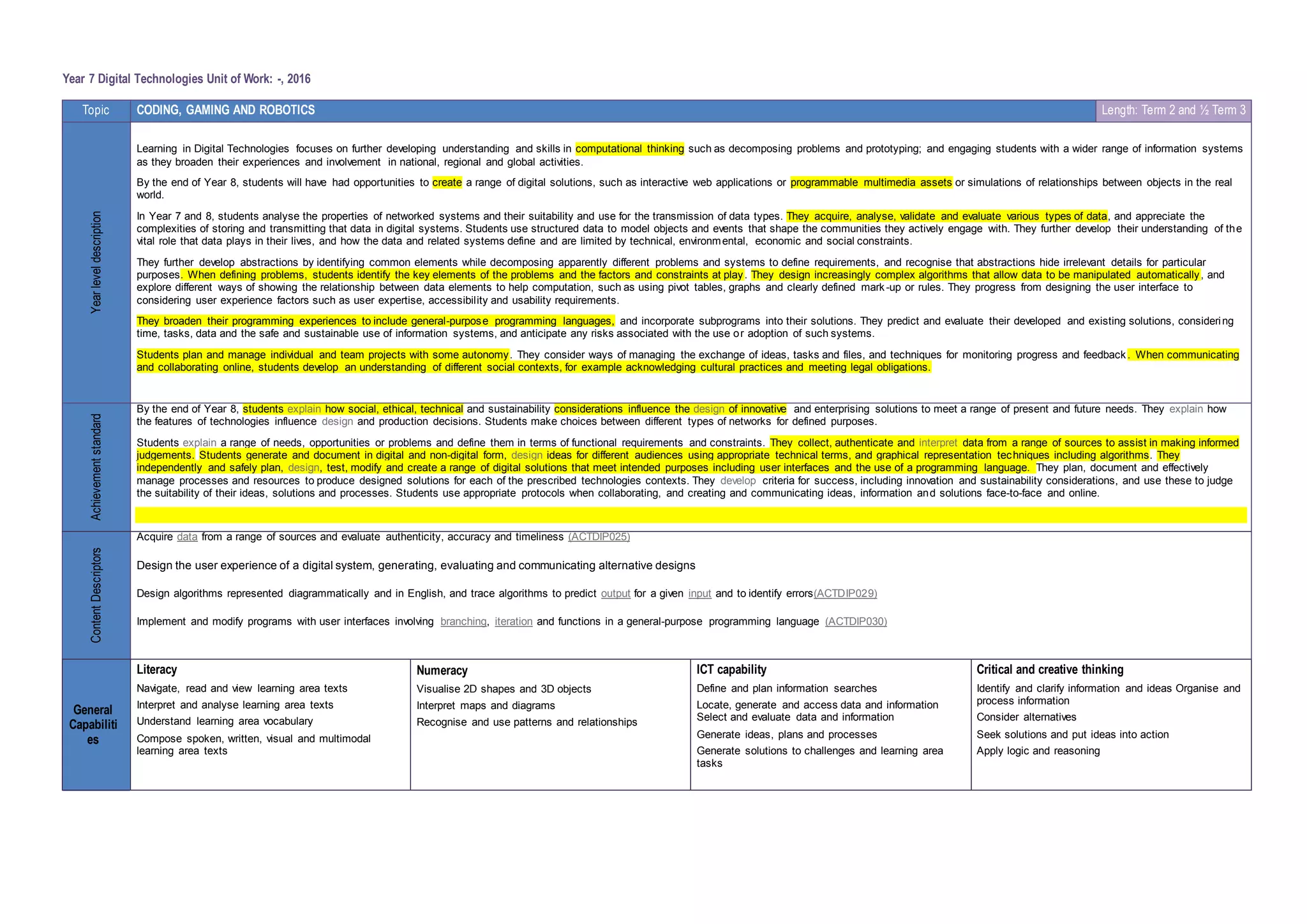 Y7 Game Design Technologies Program | DOCX