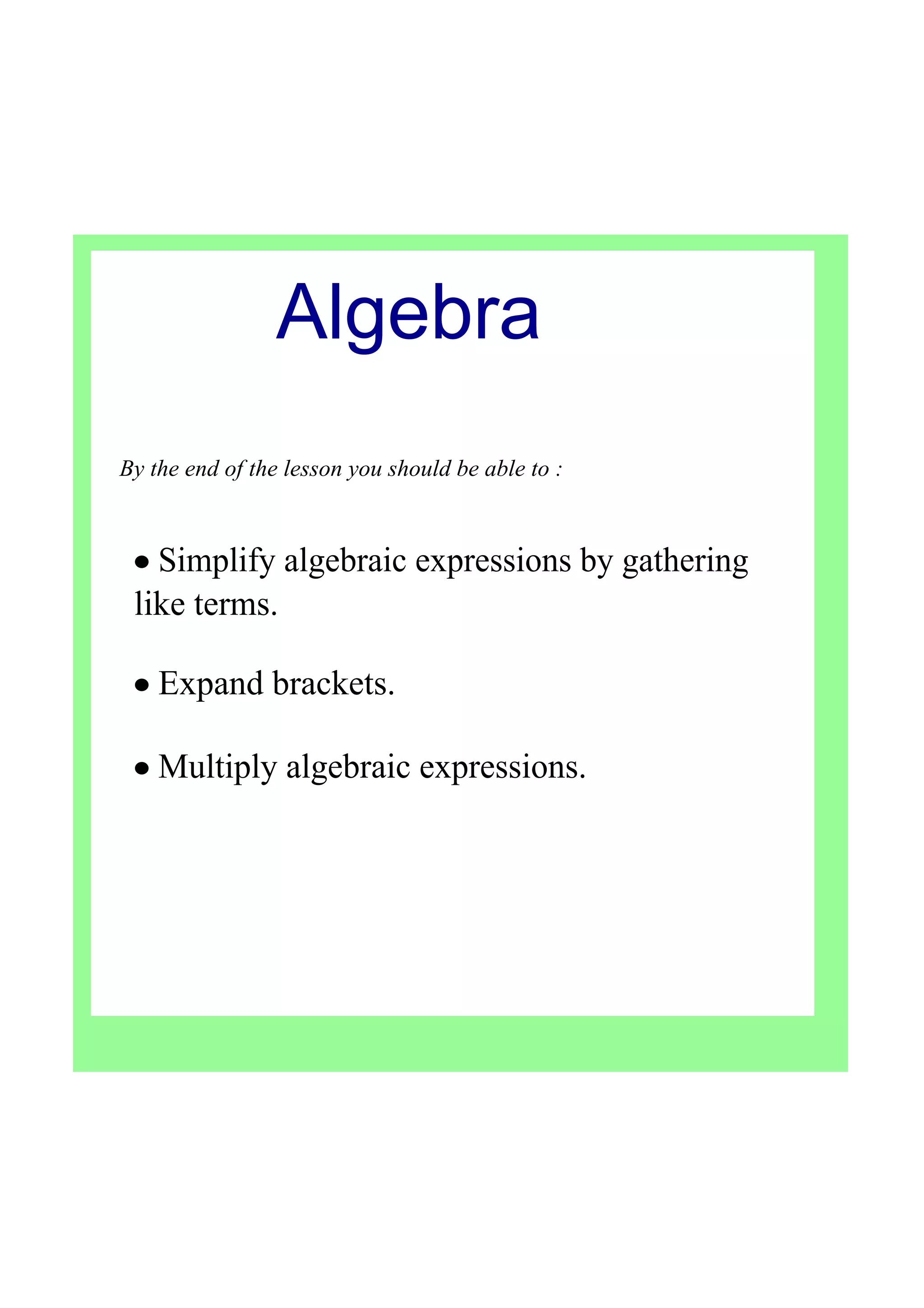 Y9 algebra 1 Collecting Terms & Expanding Brackets | PDF