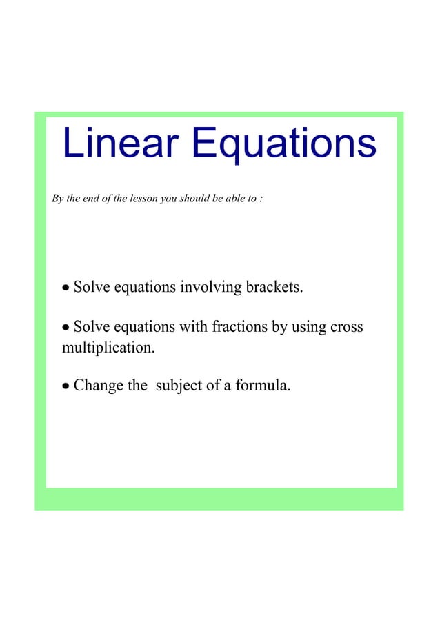 Y9 algebra 1 Linear Equations | PDF