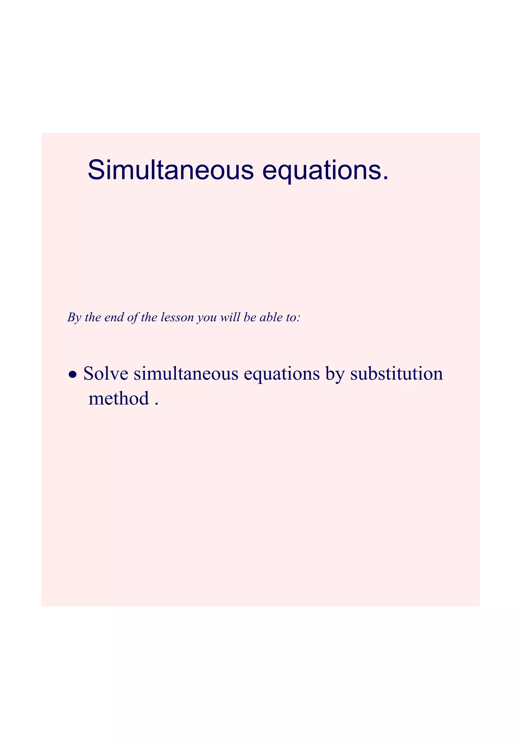 Y9 algebra 1 simultaneous equations by substitution method | PDF
