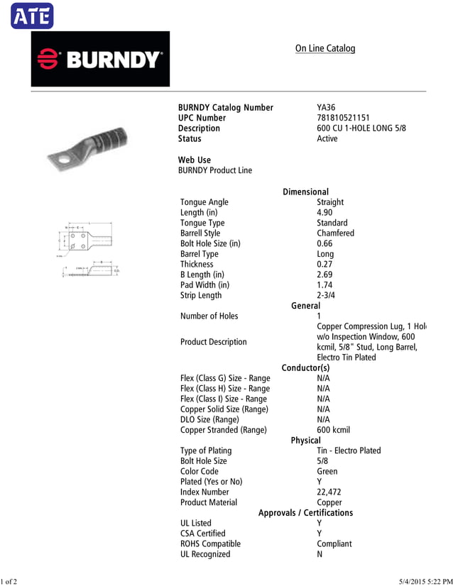 BURNDY CABLE LUG YA36 | PDF