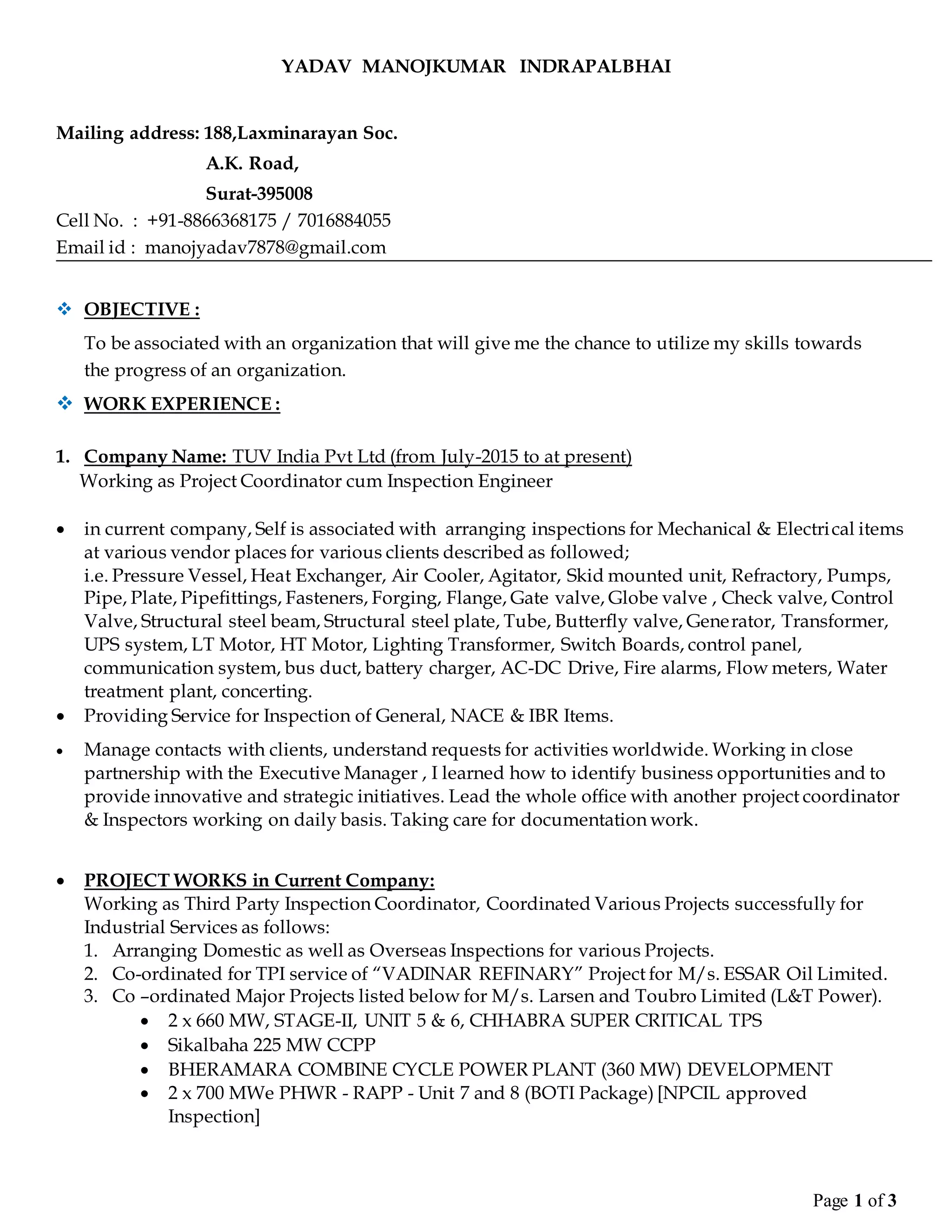 Project Coordinator cum Inspection Engineer (B.E. Mechanical + NDT ...