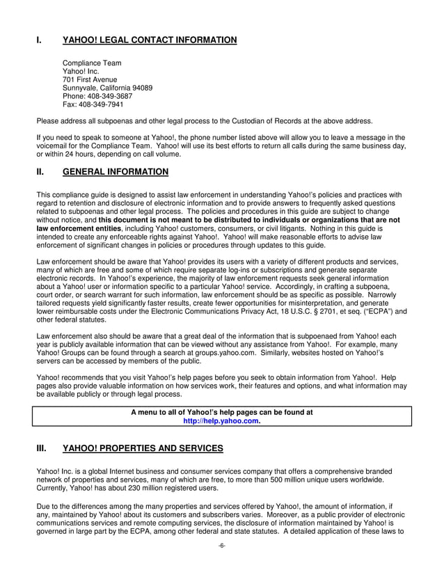 Yahoo Compliance Guide for Law Enforcement | PDF
