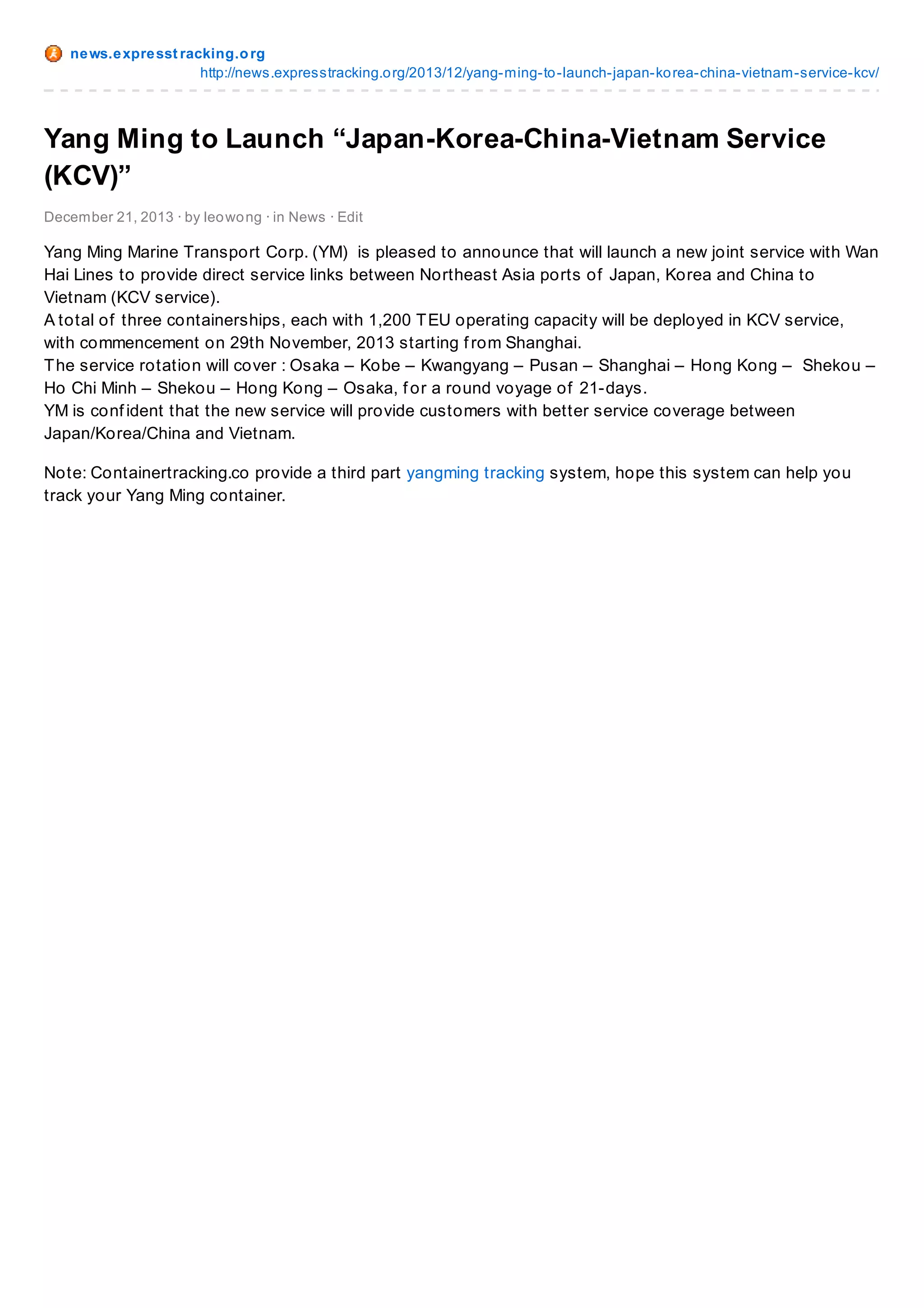 Yang ming to_launch_japan_koreachinavietnam_service_kcv | PDF