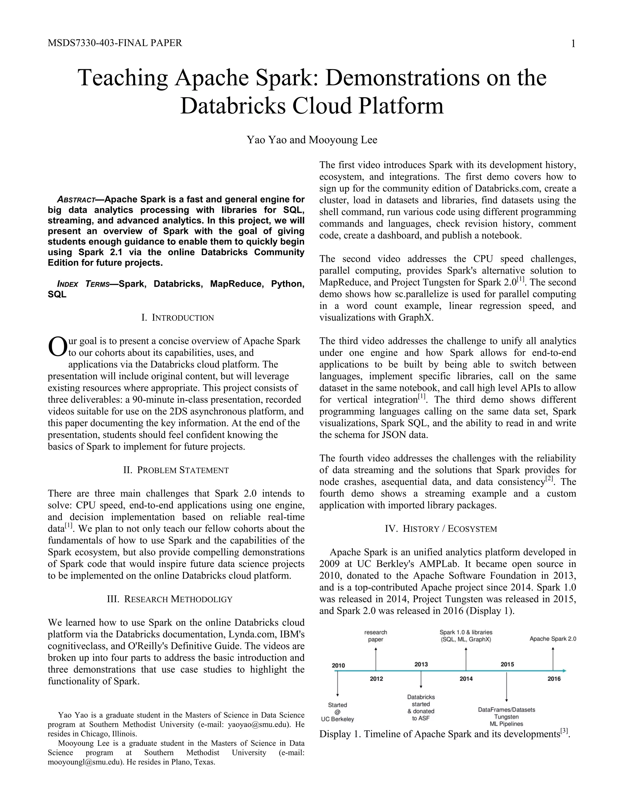 Teaching Apache Spark: Demonstrations on the Databricks Cloud Platform | PDF