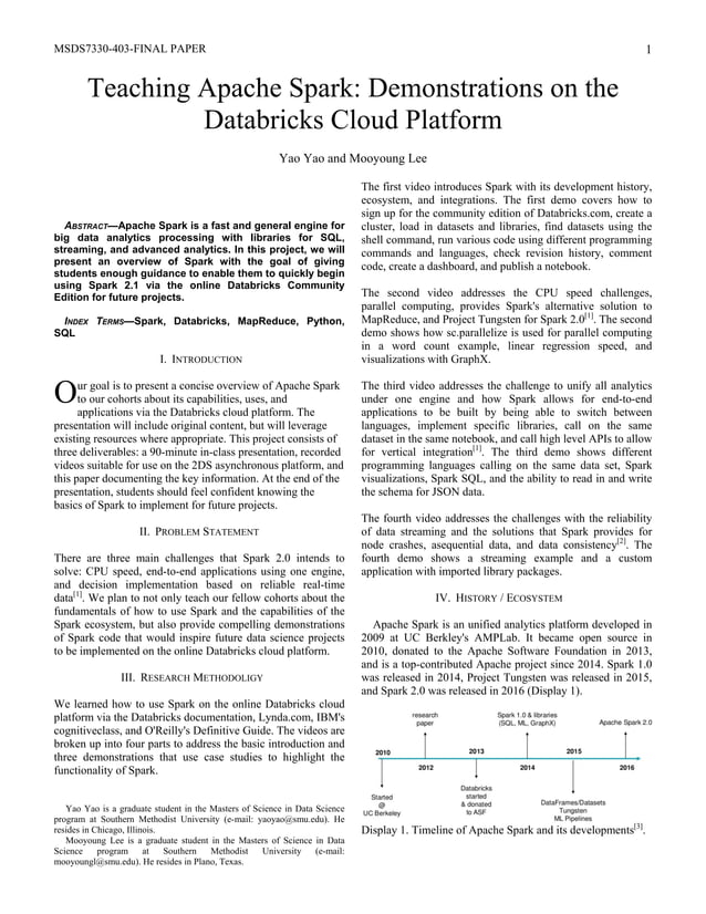 Teaching Apache Spark: Demonstrations on the Databricks Cloud Platform ...