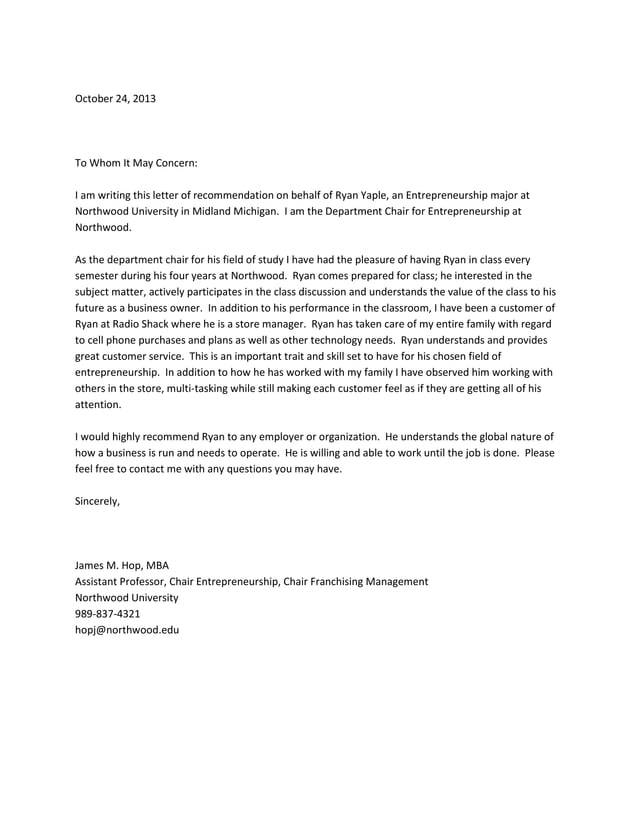 Yaple recommendation letter | DOCX | Business Administration | Business