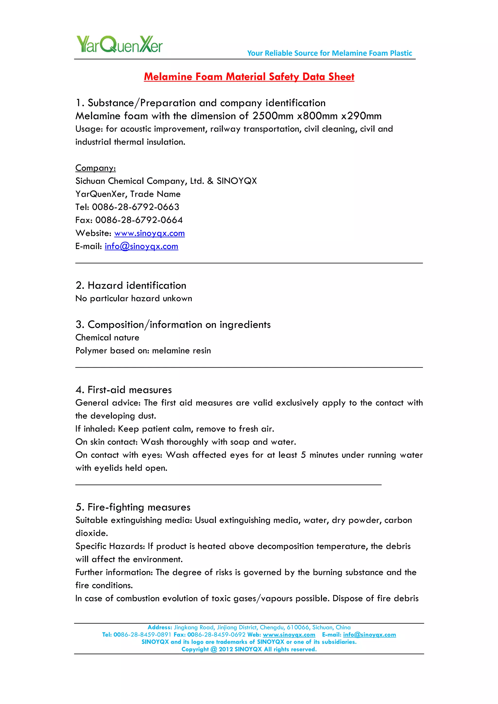 Yar quenxer melamine foam material safety data sheet | PDF