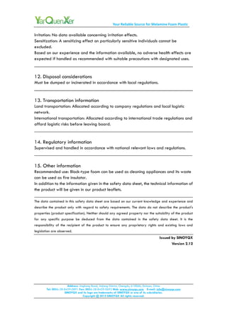 Yar quenxer melamine foam material safety data sheet | PDF