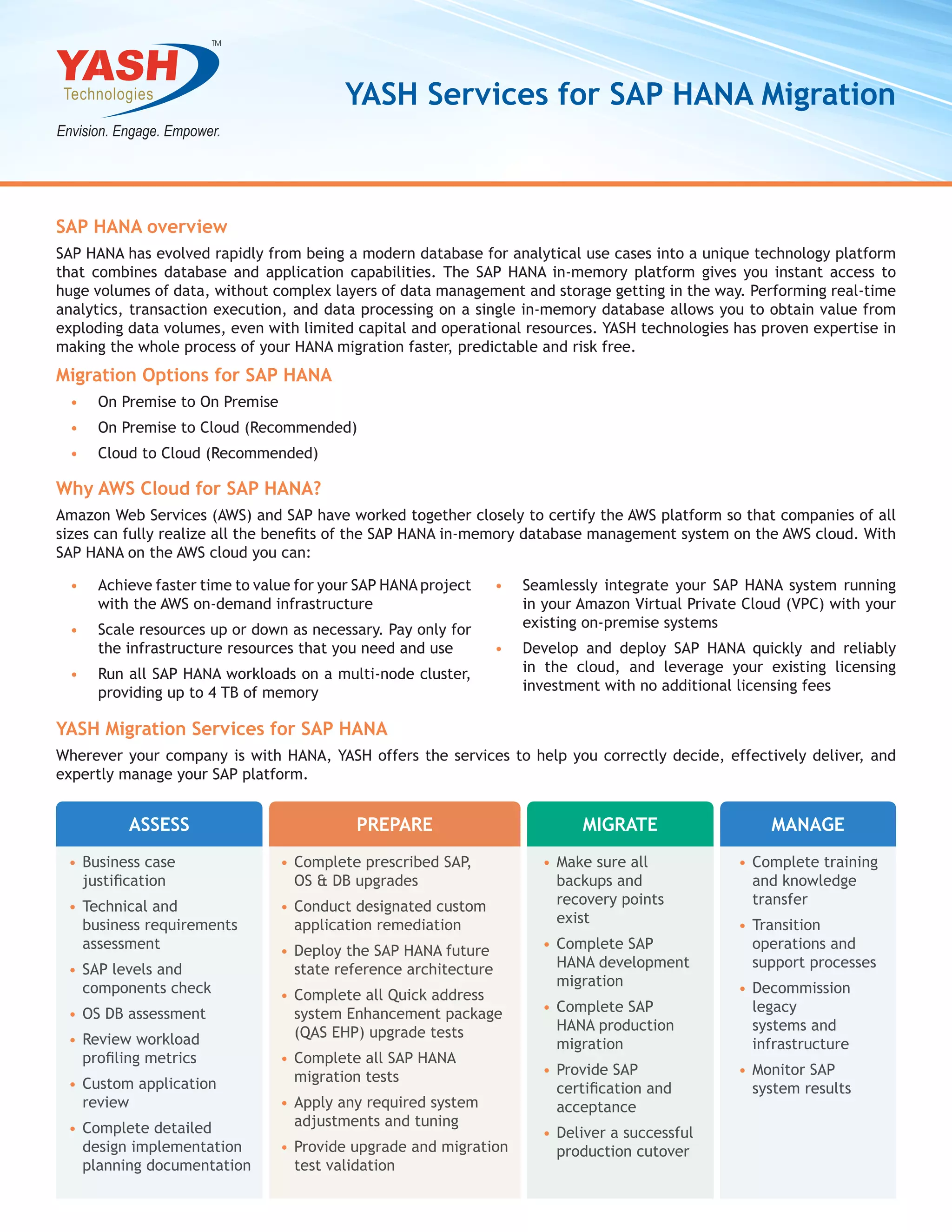 YASH Services for SAP HANA Migration | PDF