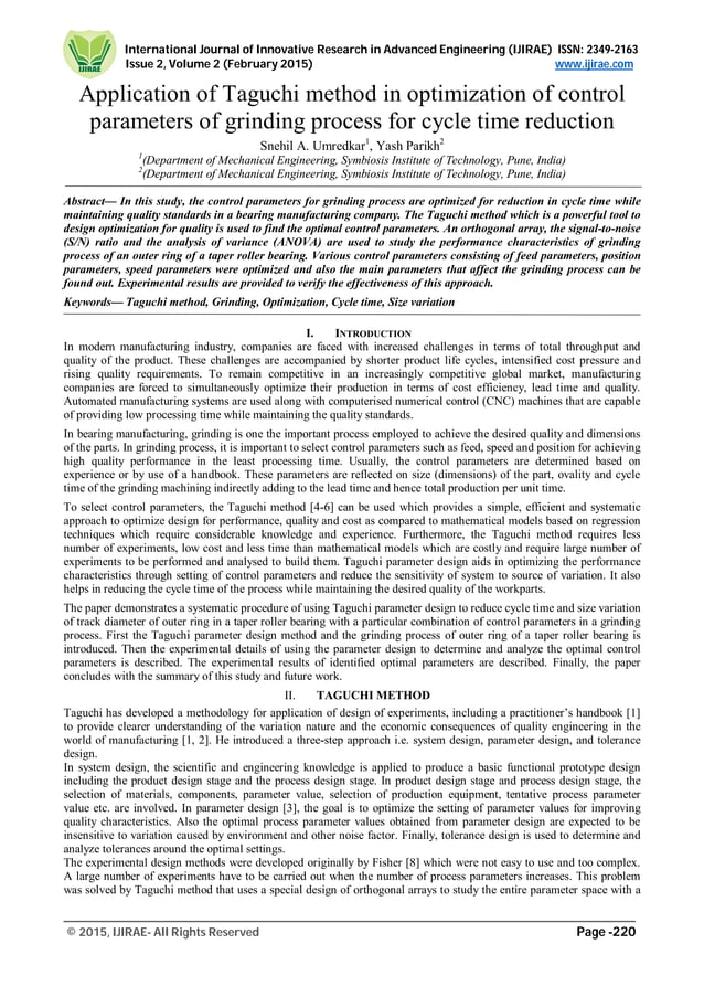 Application of Taguchi method in optimization of control parameters of grinding process for ...