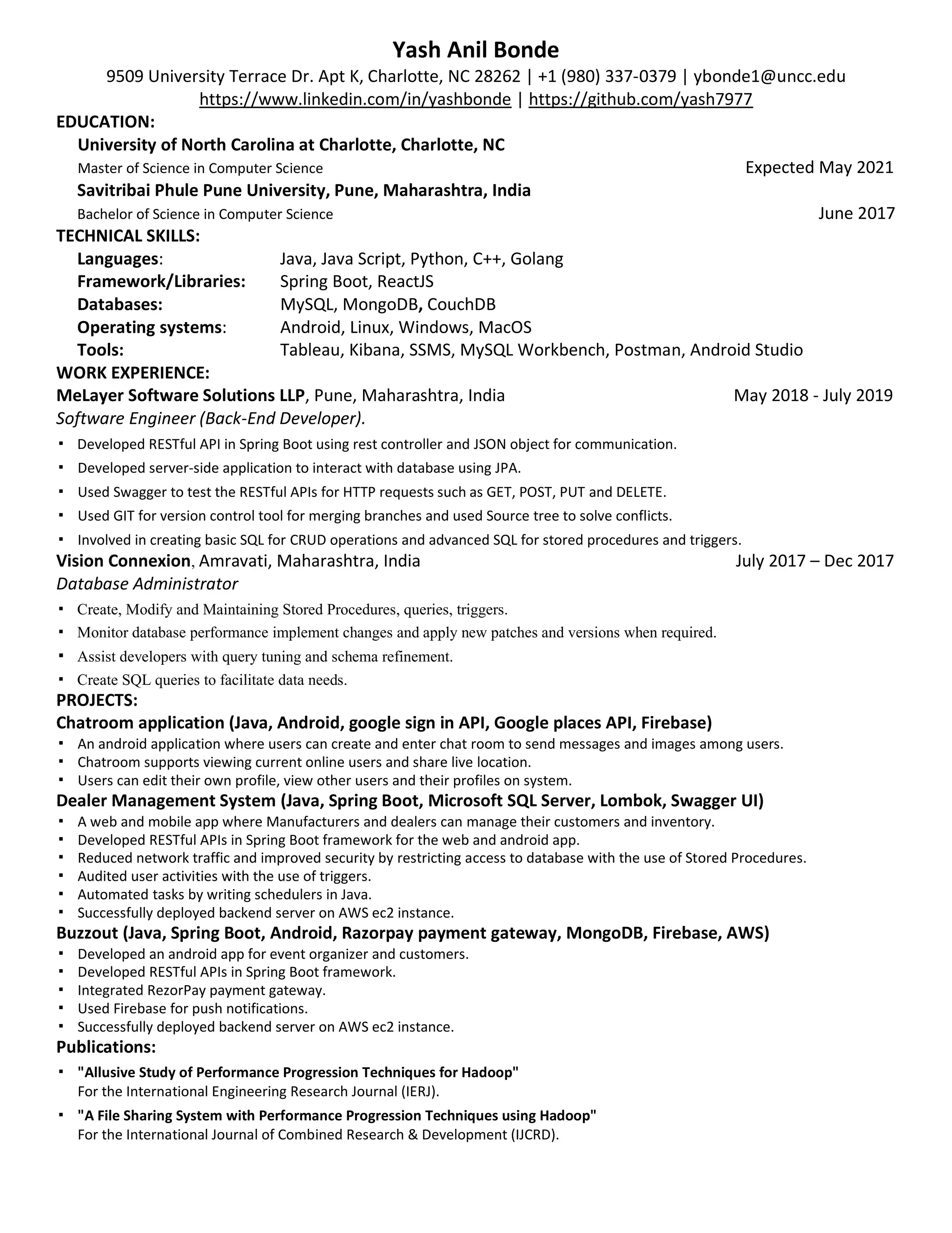 Yash Bonde Reume | PDF