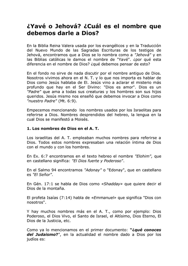 ¿Yavé o jehová? ¿Qué nombre debemos darle a Dios? | PDF