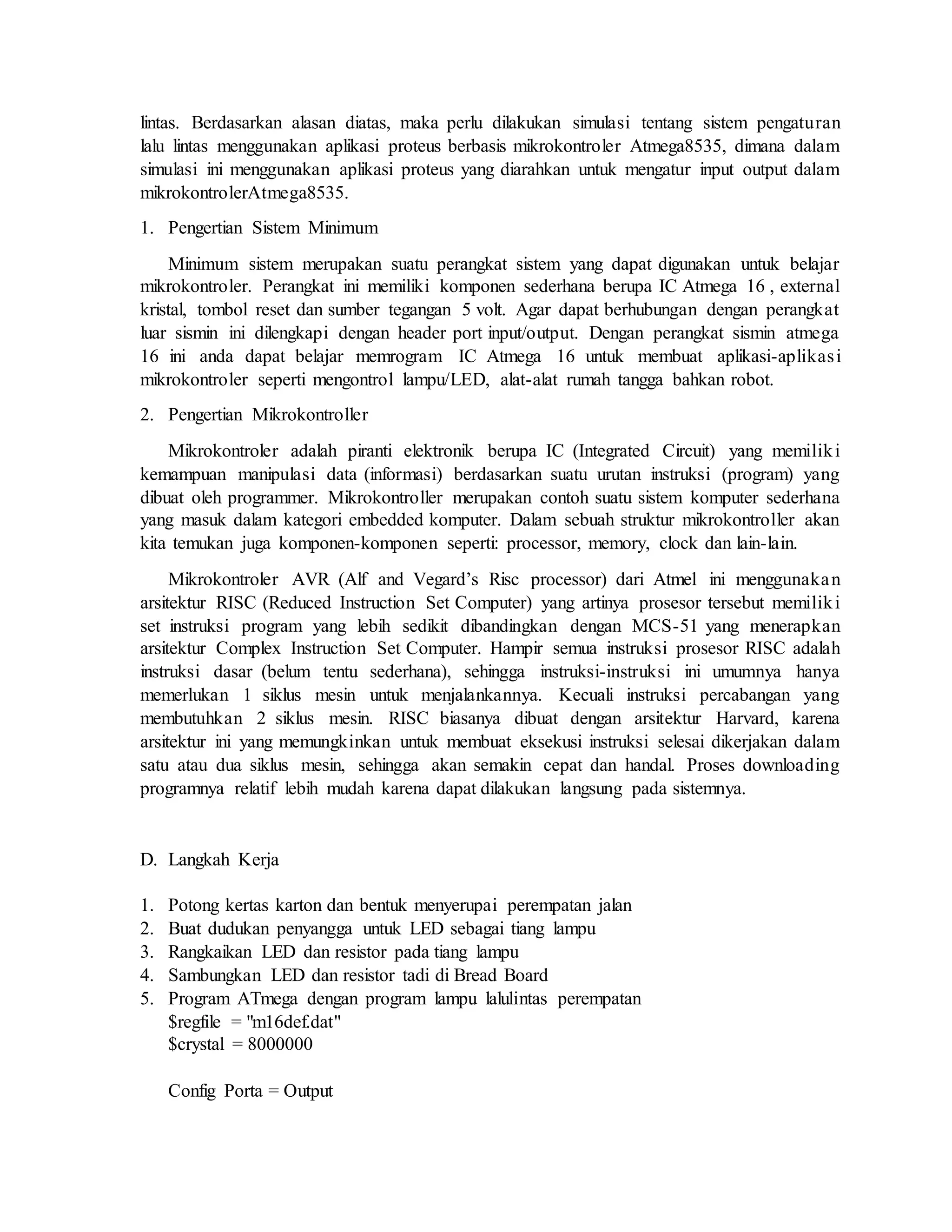 Simulasi Traffic Light Perempatan dengan Kontrol AT-Mega 16 | DOCX