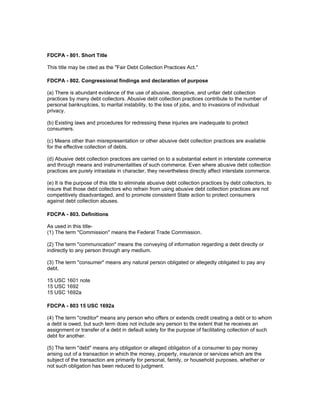 FDCPA - Fair Debt Collection Practices Act | DOC