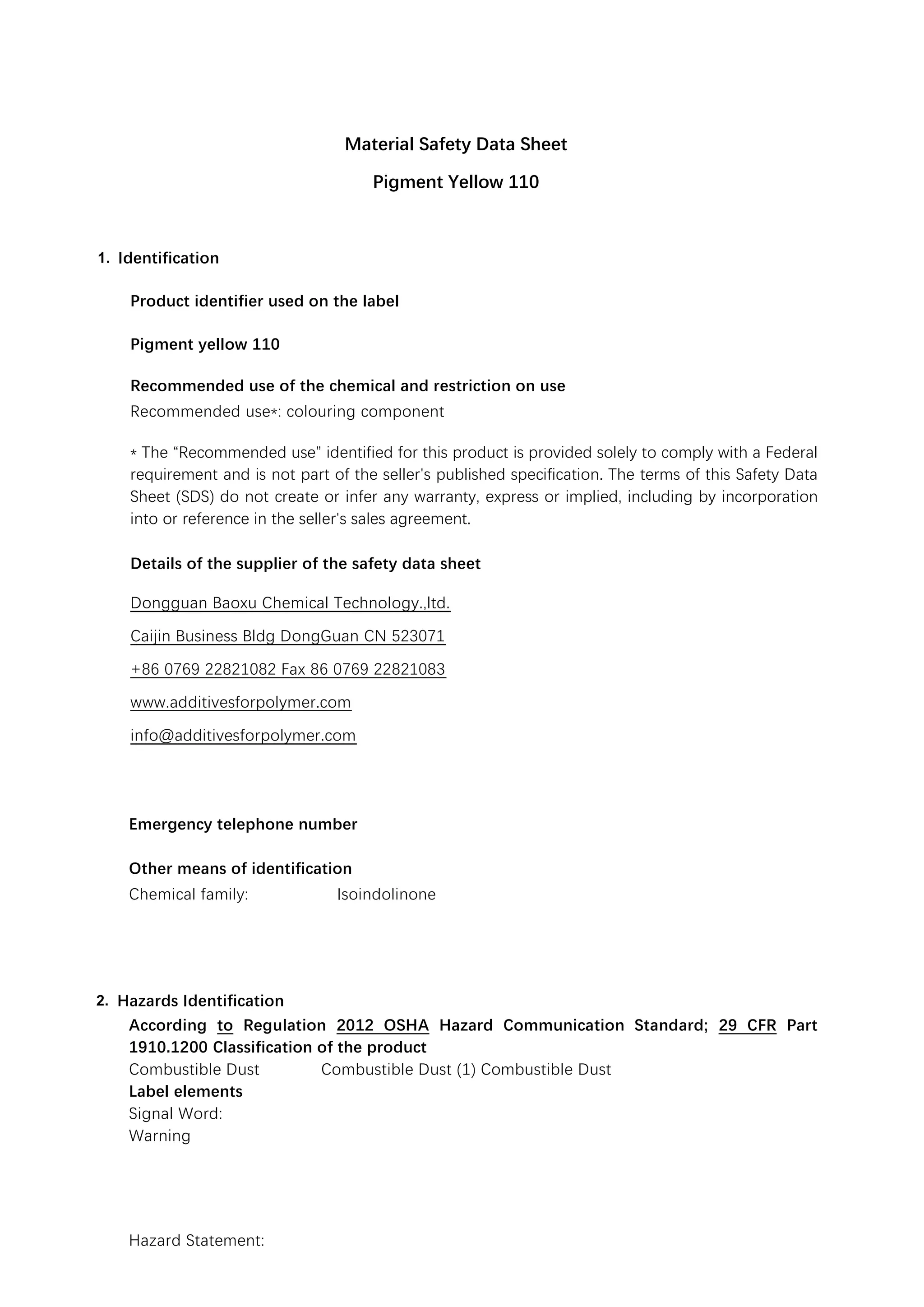 Pigment yellow 110 yellow 2rlp cas 5590 18-1 safety data sheet msds sds ...