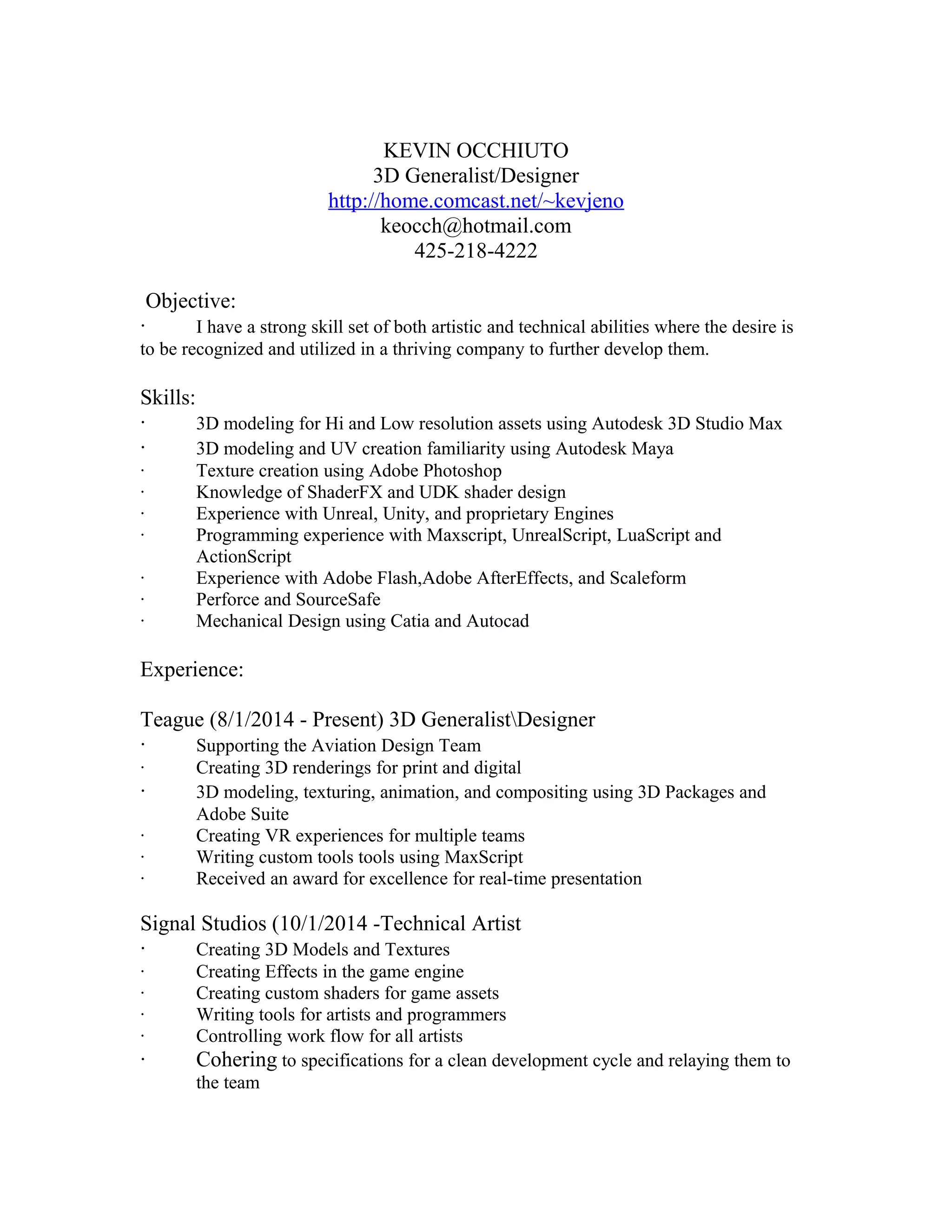 Kevin occhiuto 3d generalist_designer_resume | DOC | 3-D Graphics ...