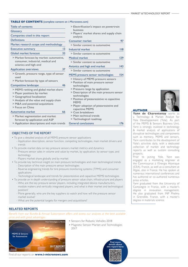 MEMS Pressure Sensor Market and Technologies 2018 Report by Yole ...