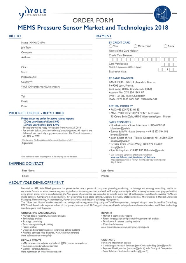 MEMS Pressure Sensor Market and Technologies 2018 Report by Yole ...