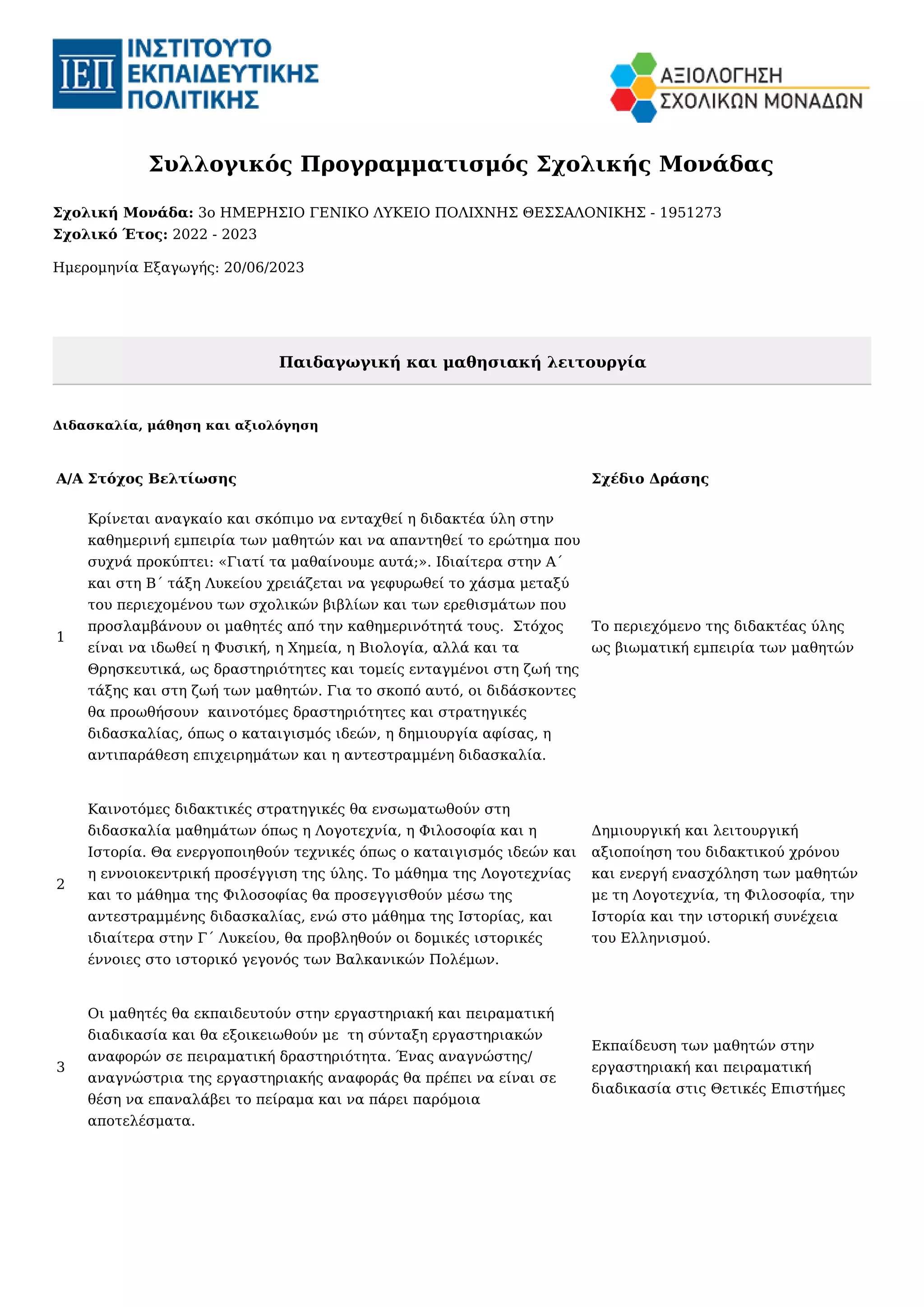 ΣΧΕΔΙΟ ΔΡΑΣΗΣ ΣΧΟΛΙΚΗΣ ΜΟΝΑΔΑΣ 2022-2023 | PDF