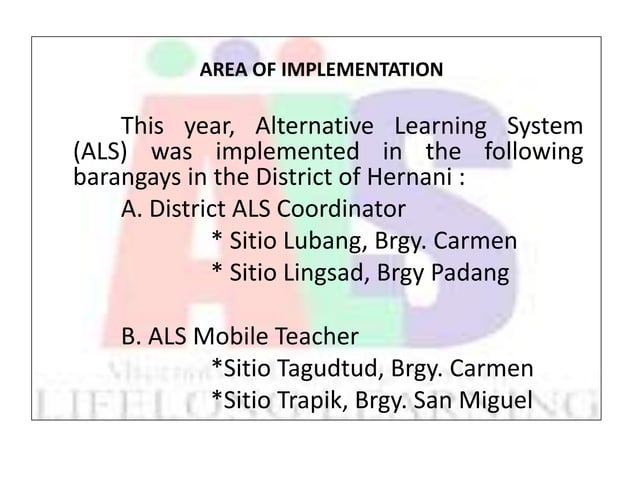 ALTERNATIVE LEARNING SYSTEM ACCOMPLISHMENT REPORT OF HERNANI DISTRICT | PPTX
