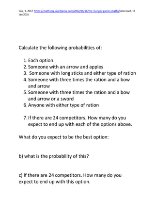 Year 10 probability the hunger games 10 extension | DOCX
