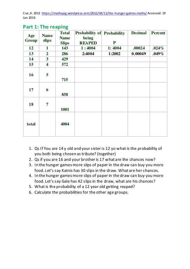 Year 10 probability the hunger games 10 extension