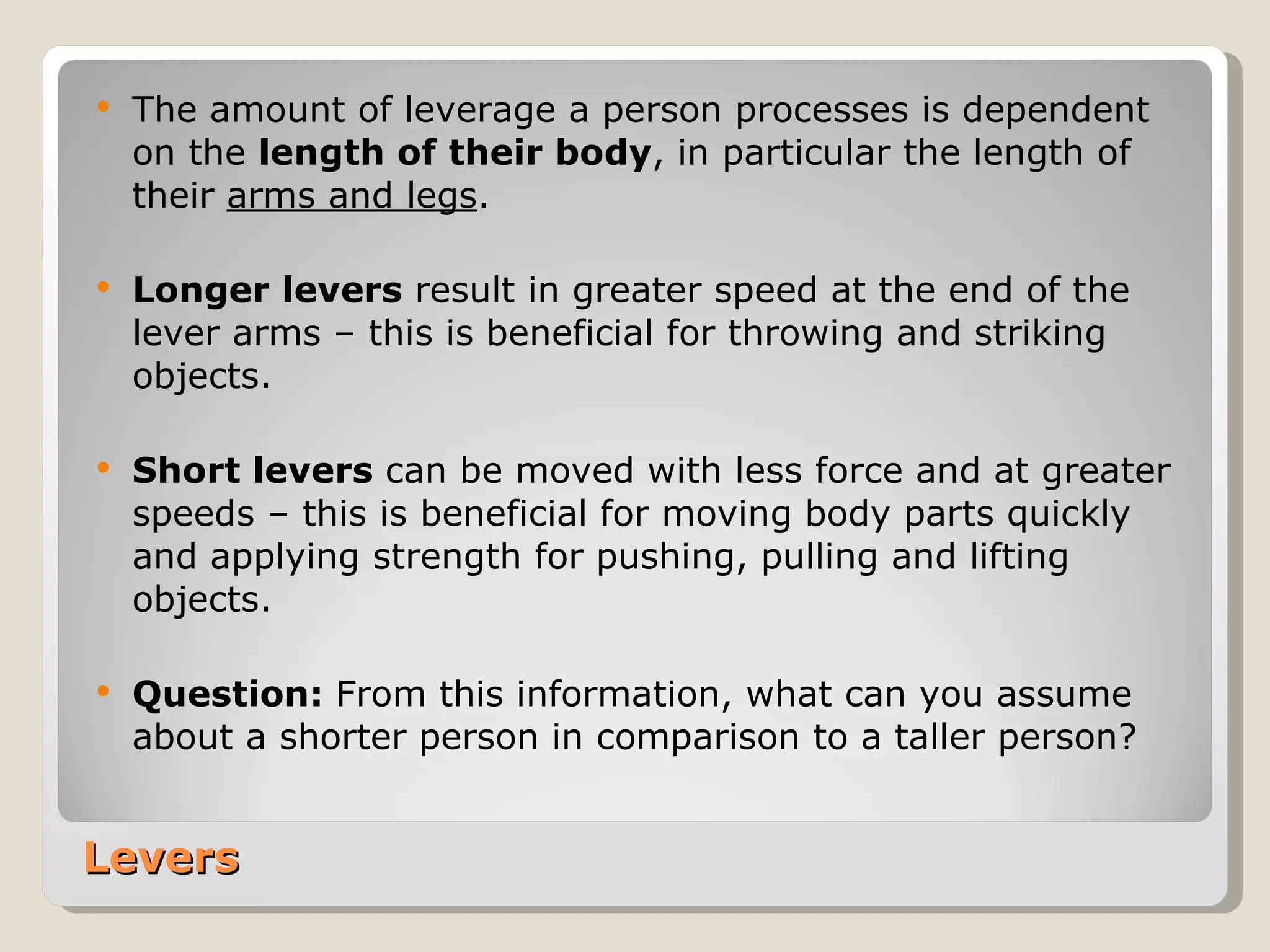 Year 11 biomechanics with levers, force summation | PPT