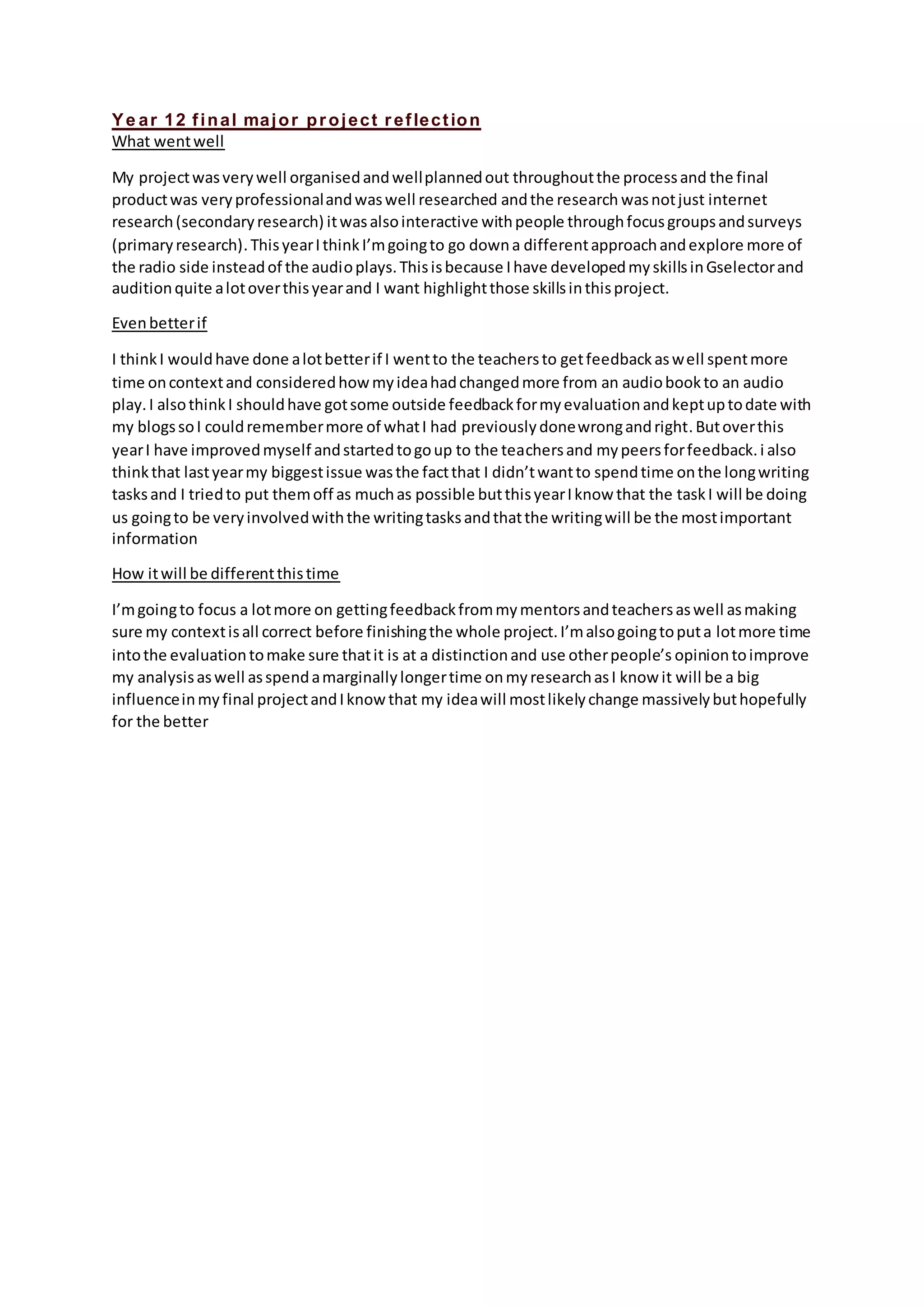 Year 12 final major project reflection | PDF