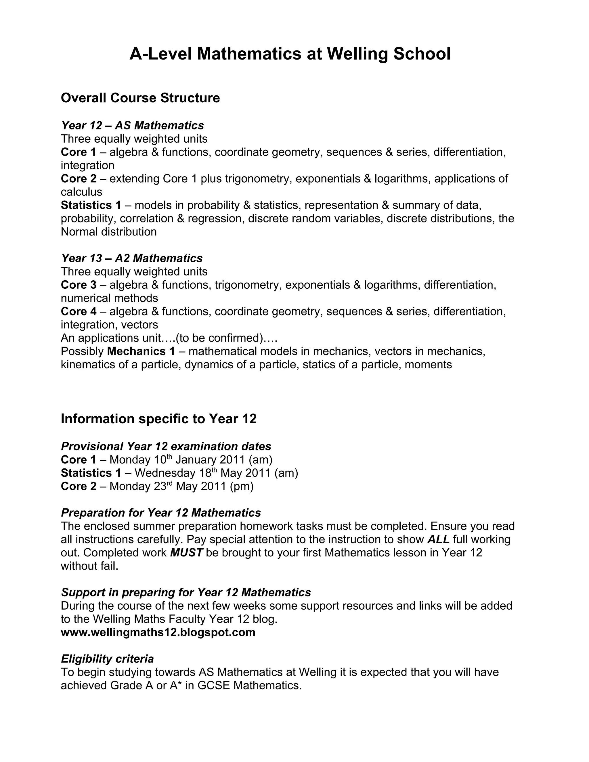 Summer Task - MATHS - Year 12 maths info | DOC