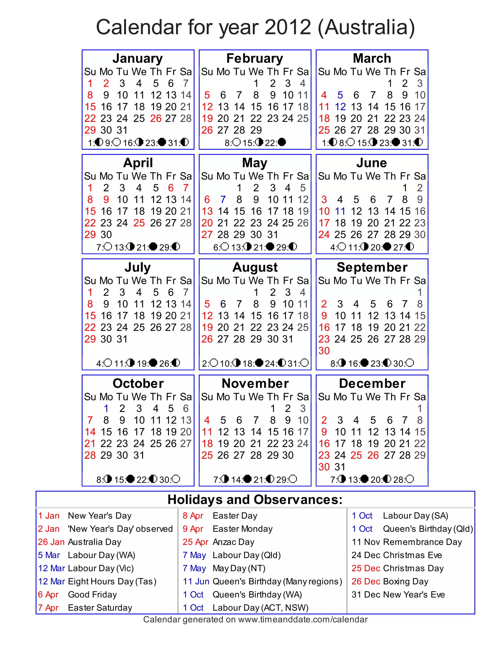 Year 2012 calendar – australia | PDF