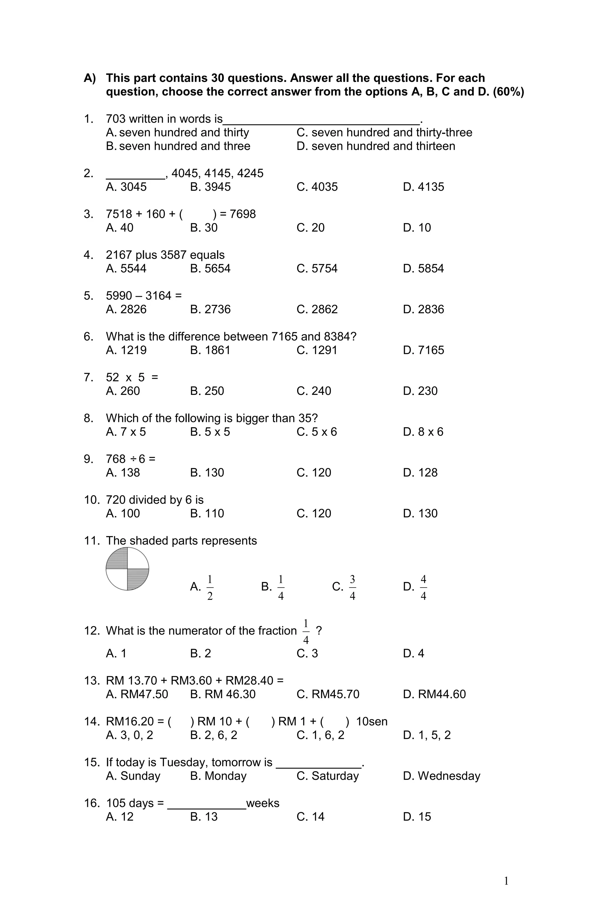 Year 3 mathematics exercise | PDF