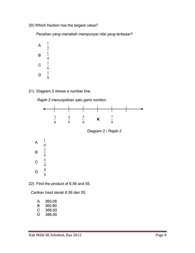 mathematics Year 4 paper 1 penggal 1 | DOCX