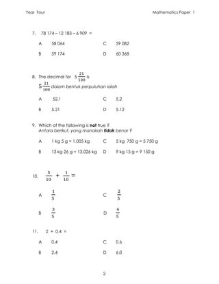 Year 4 mathematics paper 1 | PDF