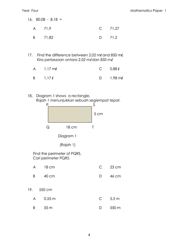 Year 4 mathematics paper 1 | PDF