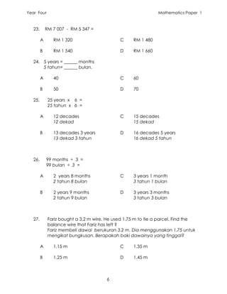 Year 4 mathematics paper 1 | PDF